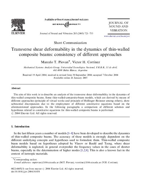 Pdf Transverse Shear Deformability In The Dynamics Of Thin Walled Composite Beams Consistency