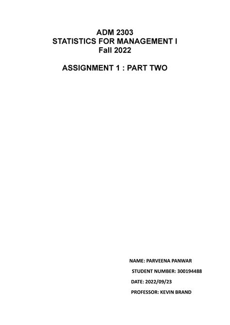 assignment 1 part 2 statistics for management questions with