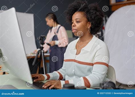 Black Woman Using Computer In Photo Studio Stock Photo Image Of Desk Production