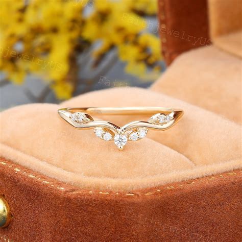 Vintage Yellow Gold Curved Wedding Band Unique Diamond Curved Wedding