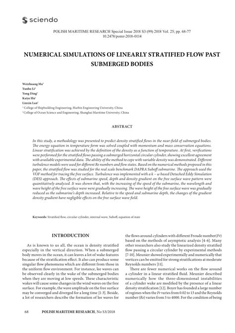 Pdf Numerical Simulations Of Linearly Stratified Flow Past Submerged