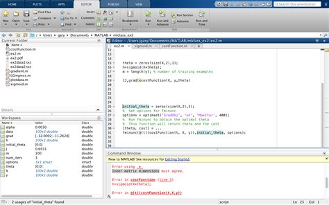 Matlab Applying Fminunc To Costfunction For Logistic Regression