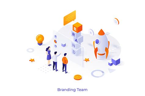 스크린에 서 있는 사람들과 우주선이 있는 개념적 템플릿입니다 브랜딩 팀 비즈니스 프로젝트 출시를 위해 일하는 브랜드 관리자를 위한 장면 웹 사이트에 대 한 현대