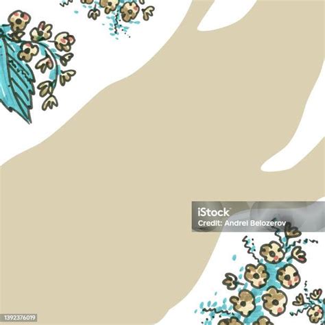 휴일에 대한 템플릿 배경입니다 텍스트에 대한 파란색 녹색 베이지색 및 흰색 배경 웹 배너라인 아트 스타일의 잎 요소와 함께 펠트 펜 플라워 0명에 대한 스톡 벡터 아트 및