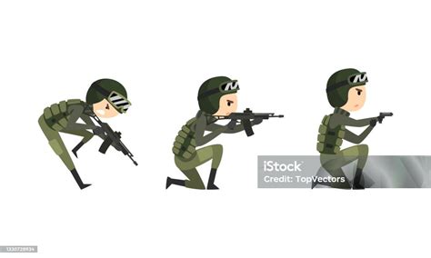 육군 군인 세트 소총 만화 벡터 일러스트와 함께 위장 유니폼을 조준 하는 남자 경례에 대한 스톡 벡터 아트 및 기타 이미지