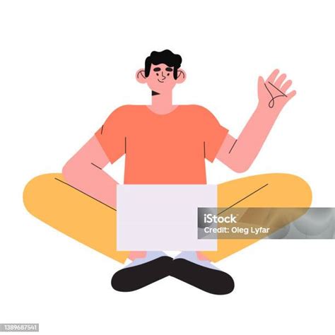 노트북 앉아 손을 흔들어 인사와 환영을 가진 남자 직장에서 프리랜서 공부 교육 또는 직장에서 일하는 개념 그림 플랫 만화 스타일의 벡터 일러스트레이션 휴식에 대한 스톡 벡터