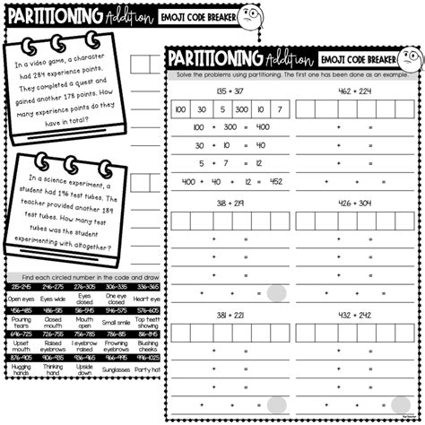 Partitioning Three Digit Addition Emoji Code Breaker Worksheets Top
