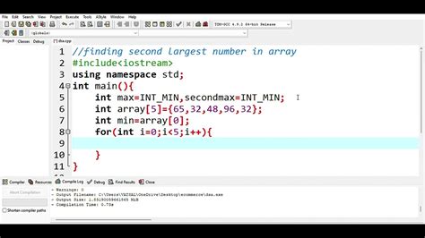 Second Largest Number In Array In C Youtube