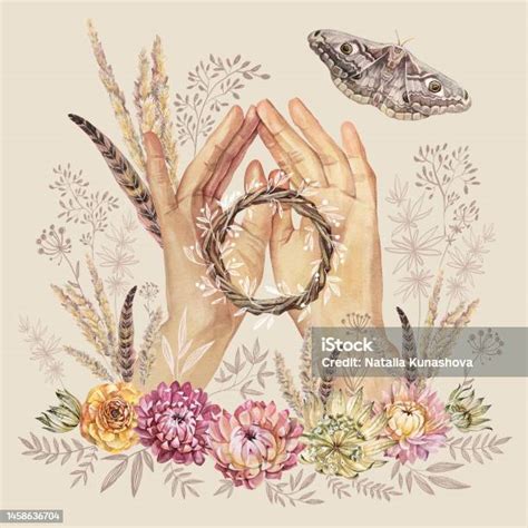 수채화 구성 베이지색 배경에 버드나무 가지와 꽃과 나방의 화환이 있는 두 개의 뻗은 손 초대를 위해 손으로 그린 제스처 마법 결혼 축 하랩핑용 보호 아트 여자에 대한 스톡