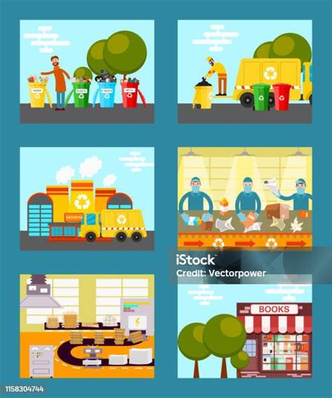 쓰레기를 재활용 생태 개념 카드 벡터 그림을 저장합니다 쓰레기통에 쓰레기를 버리는 사람들 폐지 재활용 공장에서 물건을 정렬합니다 새 책에 대한 용지 재사용 재활용에 대한