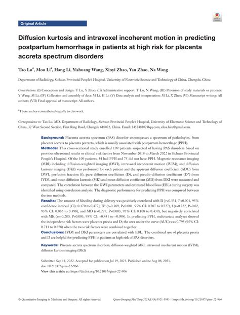 Pdf Diffusion Kurtosis And Intravoxel Incoherent Motion In Predicting Postpartum Hemorrhage In
