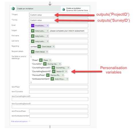 customer voice project survey and ‘the fields to send to web merge dynamically in power