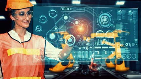 Engineer Use Cybernated Robotic Software Control Industry Robot Arm In Factory Stock Footage