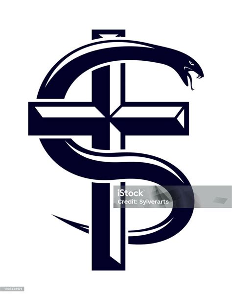 뱀은 기독교 십자가 선과 악 성자와 죄인 사랑과 증오 삶과 죽음의 상징적 인 벡터 일러스트 로고 엠블럼 또는 문신 사이의 투쟁을