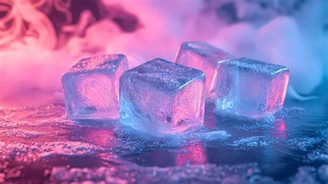 Melting Ice Cubes Illuminated By Colorful Neon Lights Creating A Dreamlike Atmosphere Stock