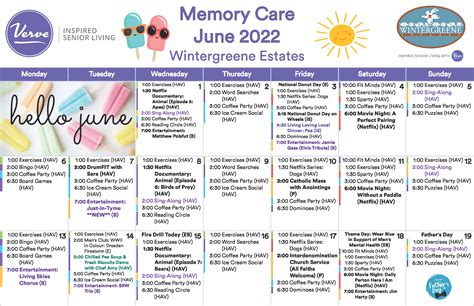 June 2022 Calendar Memory Care Wintergreene Estates Retirement