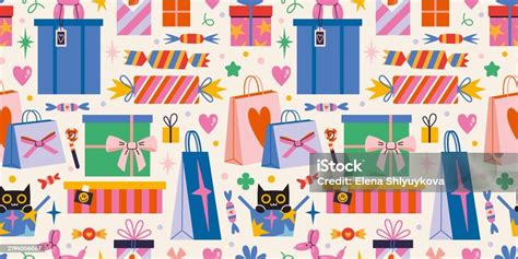 축제 선물 패키지 리본과 리본 포장지와 같은 장식이 있는 상자 및 가방과 완벽한 패턴 밝은 배경에 유행하는 현대 벡터 그림 손으로 그린 평면 디자인 쿨한 태도에 대한 스톡