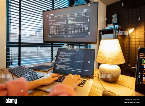 Female Programmer Writing Programming Code At Cozy Home Workplace Stock Photo Alamy
