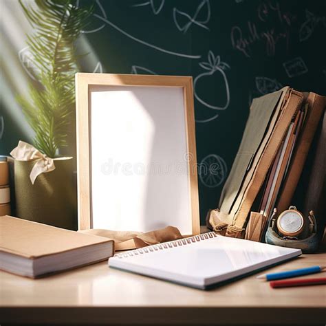 Classroom Scene White Photo Frame Book And Colored Pencils Stock Illustration Illustration