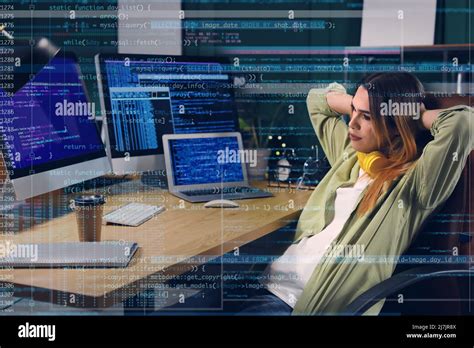 Double Exposure Of Transgender Programmer At Workplace And Computer Code Stock Photo Alamy