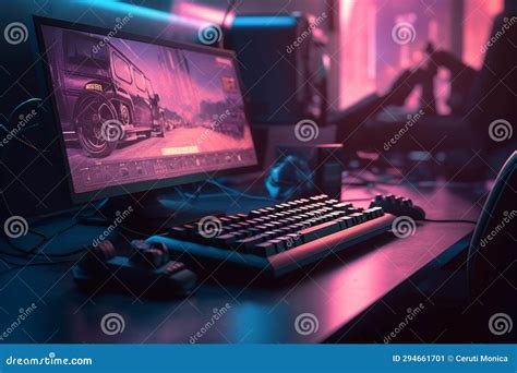 Cyberpunk Desktop With Keyboard And Mouse Stock Illustration Illustration Of Monitor
