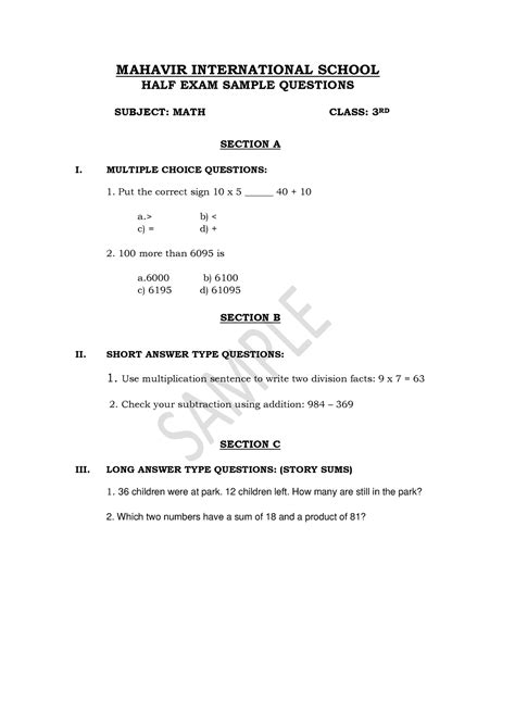 Class 3 Math Sample Paper Mahavir International School Half Exam