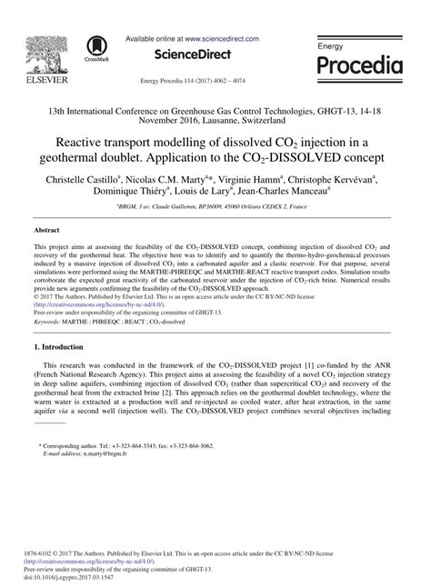 Pdf Reactive Transport Modelling Of Dissolved Co 2 Injection In A