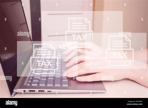Online Tax Filing Concept Woman Paying Taxes Online Taxes Concept With Tax Document Icons And