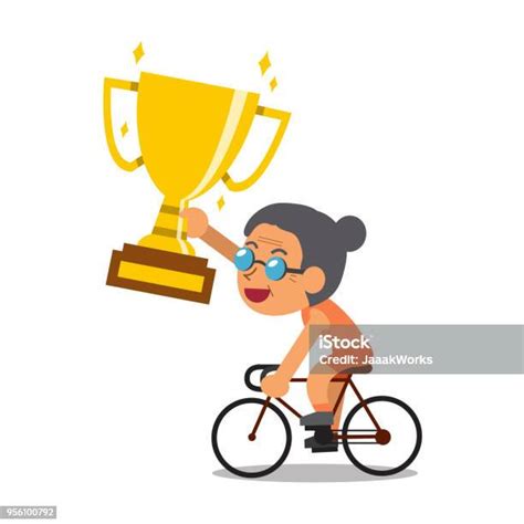 벡터 만화 스포츠 고위 여자 들고 큰 금 트로피 컵 수상 자전거를 타고 Championship에 대한 스톡 벡터 아트 및 기타 이미지 Championship 감정