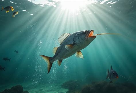 Баррамунди рыб под водой в естественной среде обитания с солнечными