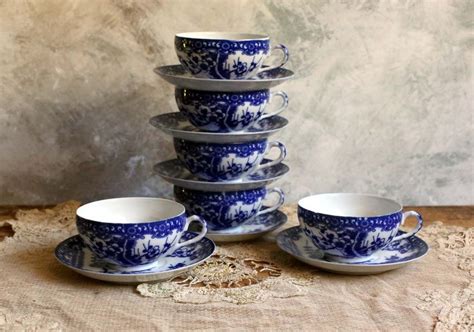 Ensemble De 6 Tasses à Thé Geisha Lithophane Saucers Blue Cherry Blossom Egg Shell Porcelaine