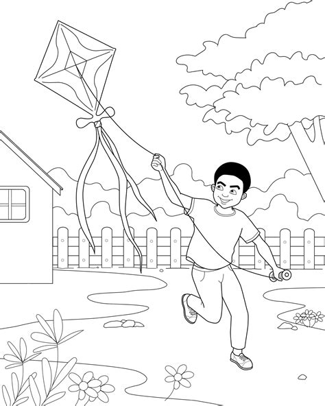 Page De Colorear El Muchacho Feliz Que Vuela Como Un Cometa Vector