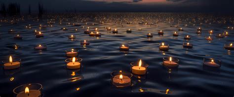 Candles In Water At Night
