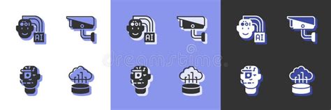 Set Network Cloud Connection Humanoid Robot Smart Glasses Spectacles And Security Camera Icon