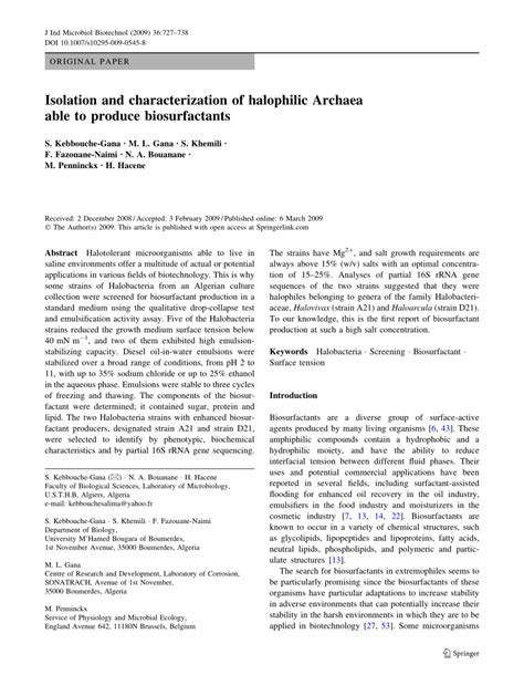 Pdf Isolation And Characterization Of Halophilic Archaea Able To Produce Biosurfactants