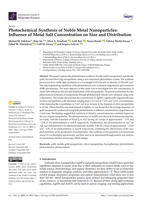 Pdf Photochemical Synthesis Of Noble Metal Nanoparticles Influence Of Metal Salt
