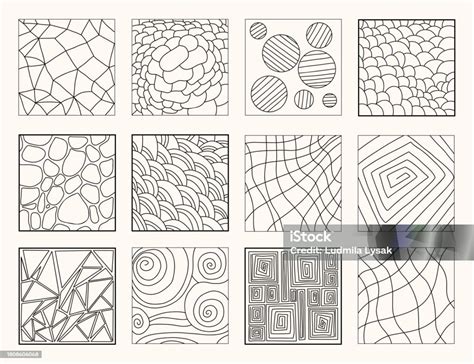 기하학적 선형 패턴 배경 낙서 세트입니다 벡터 일러스트 레이 션입니다 고립 된 사각형 윤곽선 패턴 추상 포스터 질감 격자 구조물에 대한 스톡 벡터 아트 및 기타 이미지