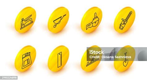 세트 라인 삽 나무 비행기 도구 통치자 시멘트 가방 전기 톱 앵글 그라인더 수레 및 건설 스테이플러 아이콘 벡터 3차원 형태에 대한 스톡 벡터 아트 및 기타 이미지 Istock