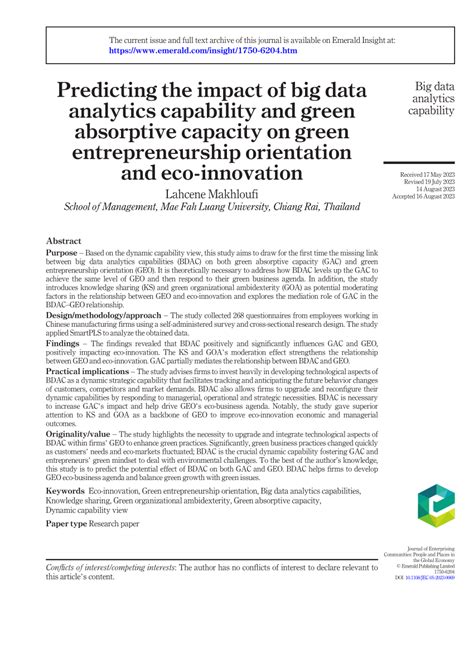 Pdf Predicting The Impact Of Big Data Analytics Capability And Green