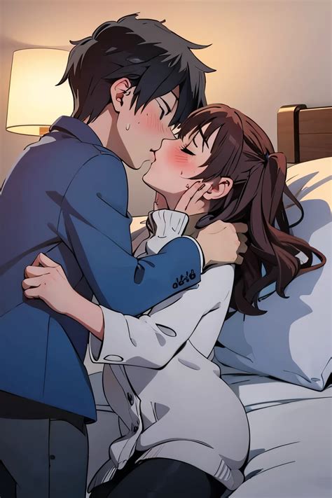 Anime Couple Kissing On Bed In Bedroom With White Sheets Seaart Ai