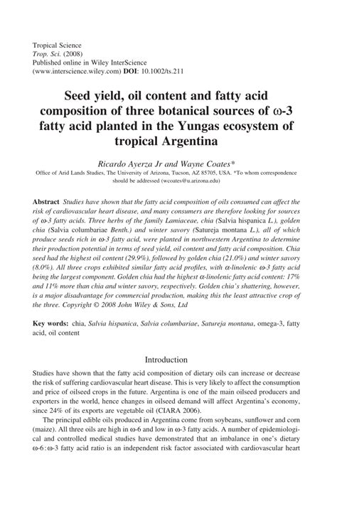 Pdf Seed Yield Oil Content And Fatty Acid Composition Of Three