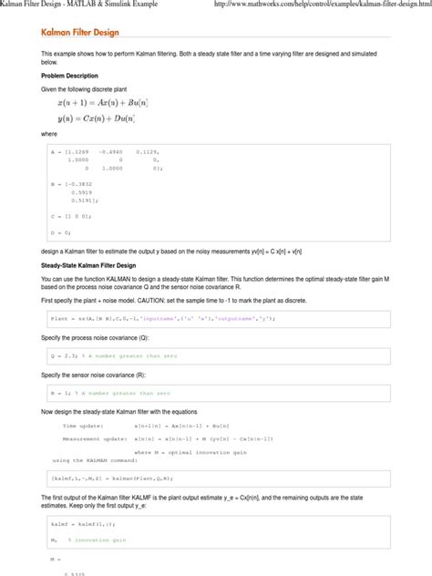 Kalman Filter Design Matlab Pdf Kalman Filter Statistics