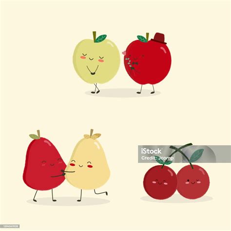 귀여운 만화 과일 커플 사랑에 두 과일은 마음으로 사랑 세인트 발렌타인 데이 인사말 카드 그리기 격리된 벡터 일러스트레이션 과일에 대한 스톡 벡터 아트 및 기타 이미지