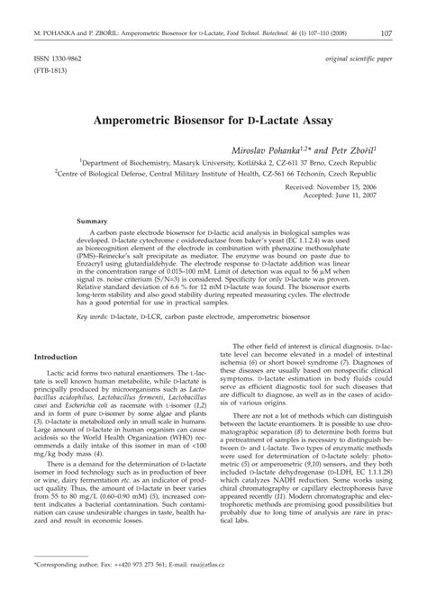 Pdf Amperometric Biosensor For D Lactate Assay