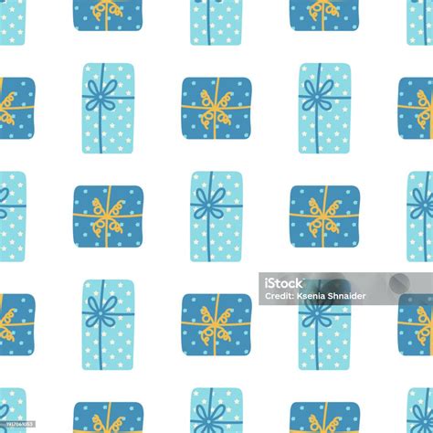 선물 상자 완벽 한 벡터 패턴입니다 금색 리본 리본이 달린 청록색 용기 별 물방울 무늬가 있는 크리스마스 선물 생일 축제 파티에 대한 놀라움 인쇄 웹에 대 한 만화 배경