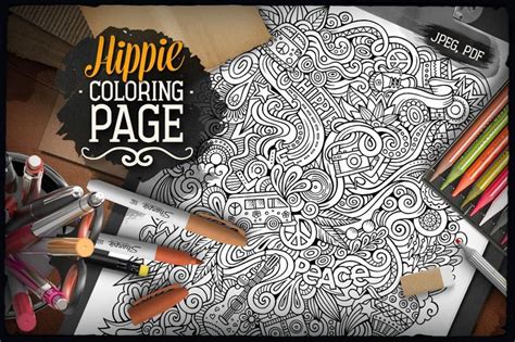 Hippie Digital Coloring Page Hippy Doodle Adult Coloring Book