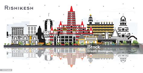 리시케시 인도 도시 스카이 라인 컬러 건물과 반사 흰색에 고립되어 있습니다 역사적인 건축물이 있는 비즈니스 및 관광 개념 랜드