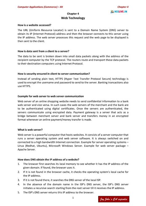 Hssli Ve Xii Ca Chapter 4 Web Technology Joy John Chapter 4 Web Technology How Is A Website