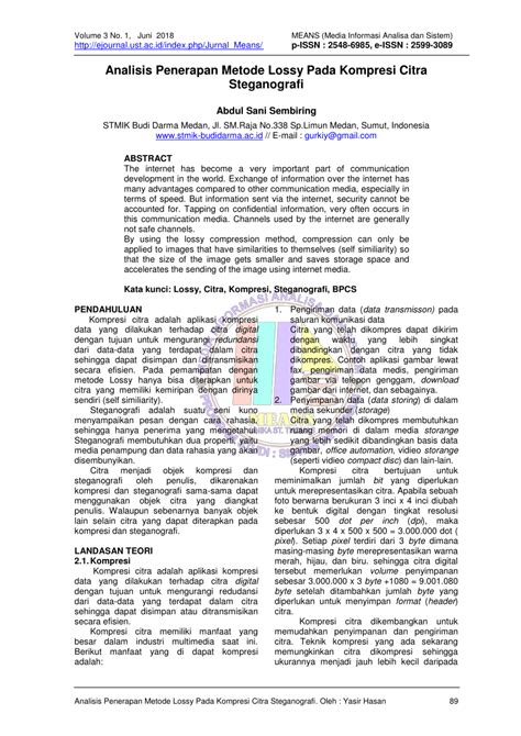 Pdf Analisis Penerapan Metode Lossy Pada Kompresi Citra Steganografi