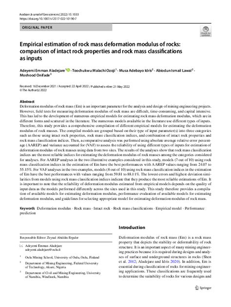 Pdf Empirical Estimation Of Rock Mass Deformation Modulus Of Rocks Comparison Of Intact Rock